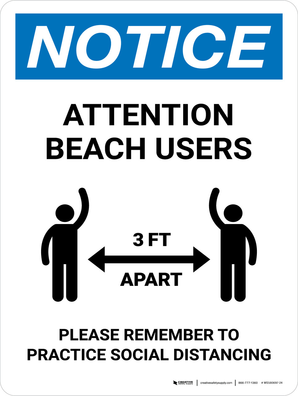 Notice Attention Beach Users Social Distancing 3ft Portrait - Wall Sign