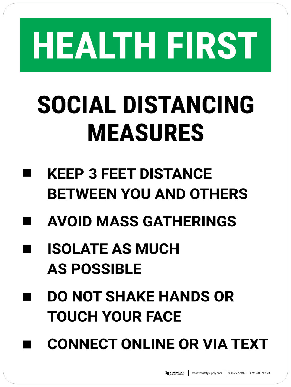 Health First: Social Distancing Measures 3ft Portrait - Wall Sign