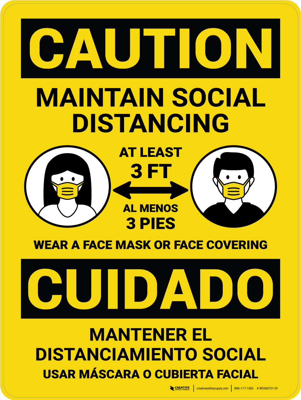 Caution: Maintain Social Distancing 3ft Bilingual Spanish Portrait ...