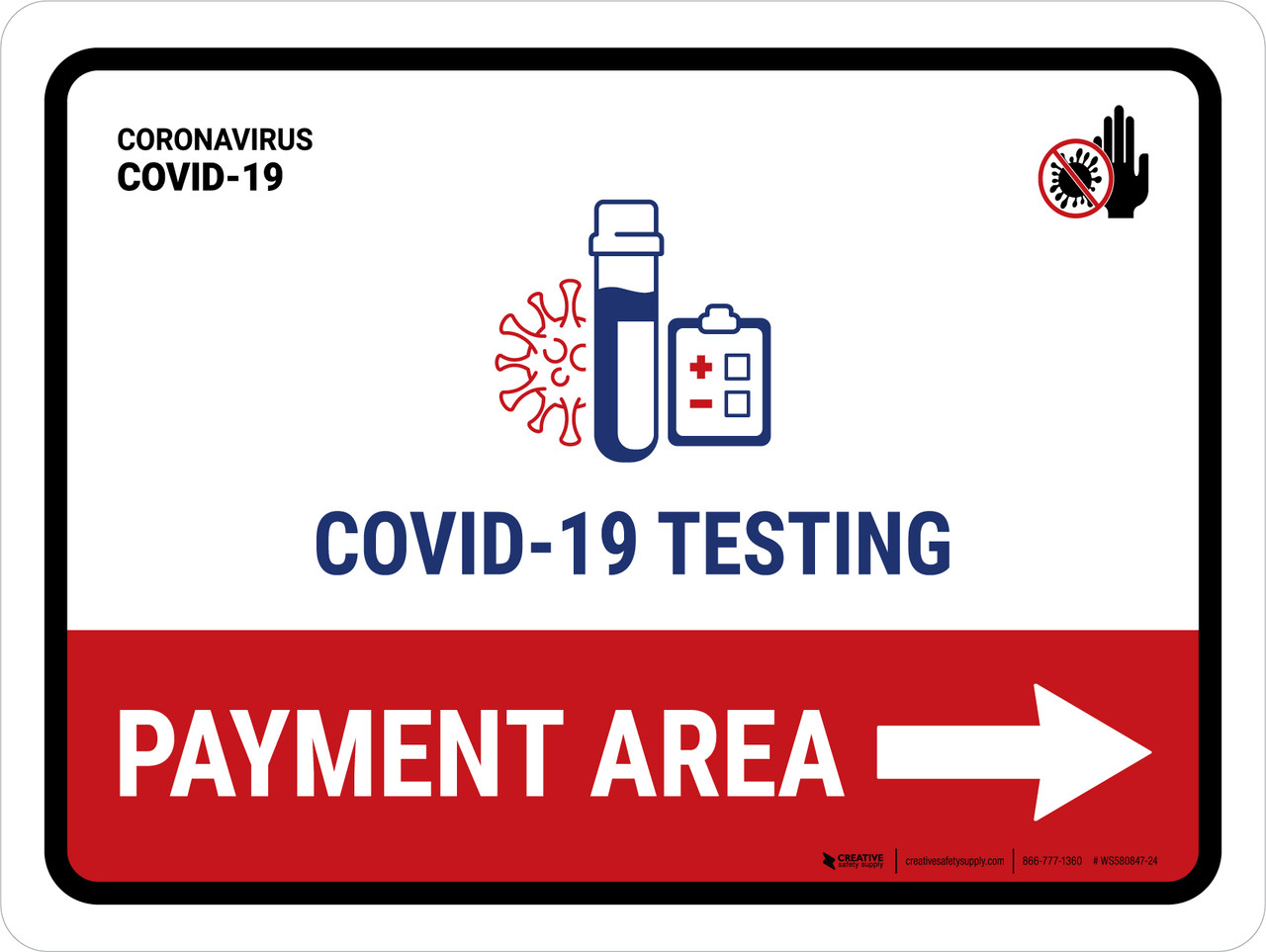 Covid-19 Testing Payment Area With Icon Right Arrow Landscape - Wall Sign