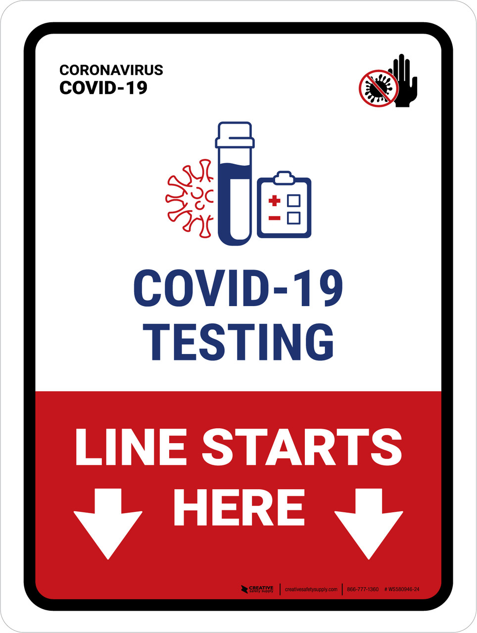 Covid-19 Testing Line Starts Here With Icon Portrait - Wall Sign