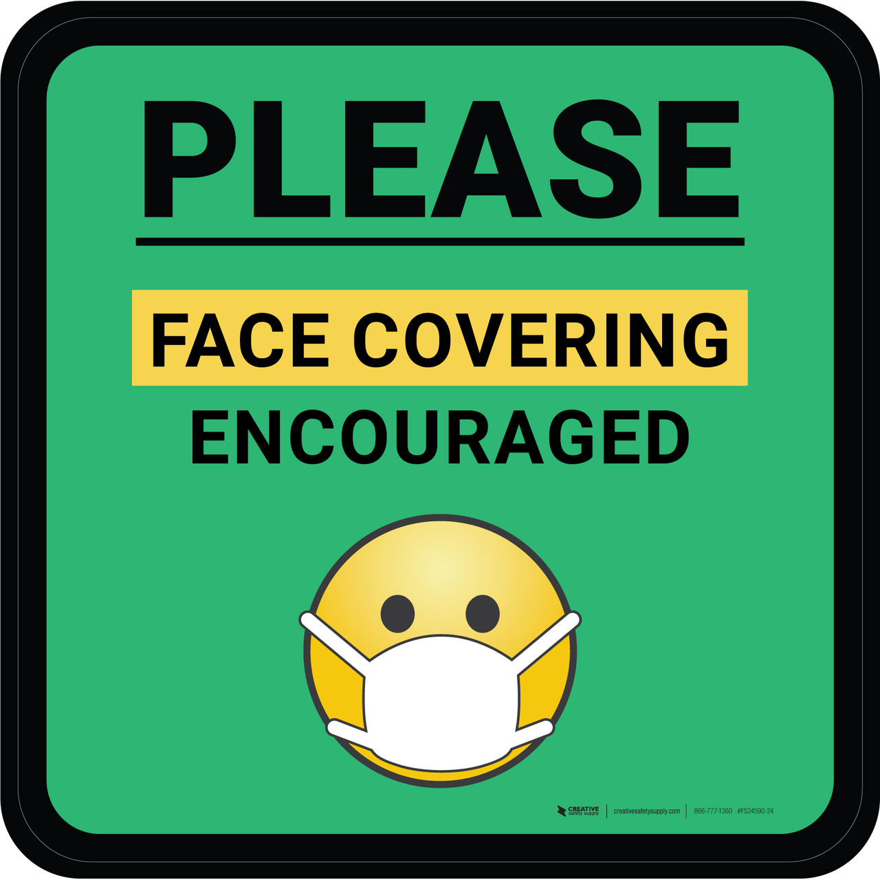 Please Face Covering Encouraged Square Green With Emoticon - Floor Sign ...