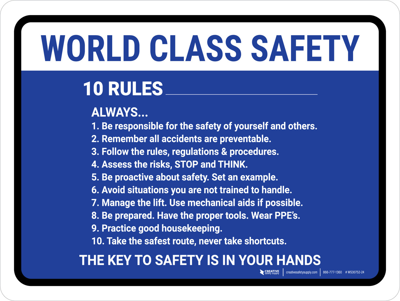 World Class Safety (Ten Rules) Landscape - Wall Sign