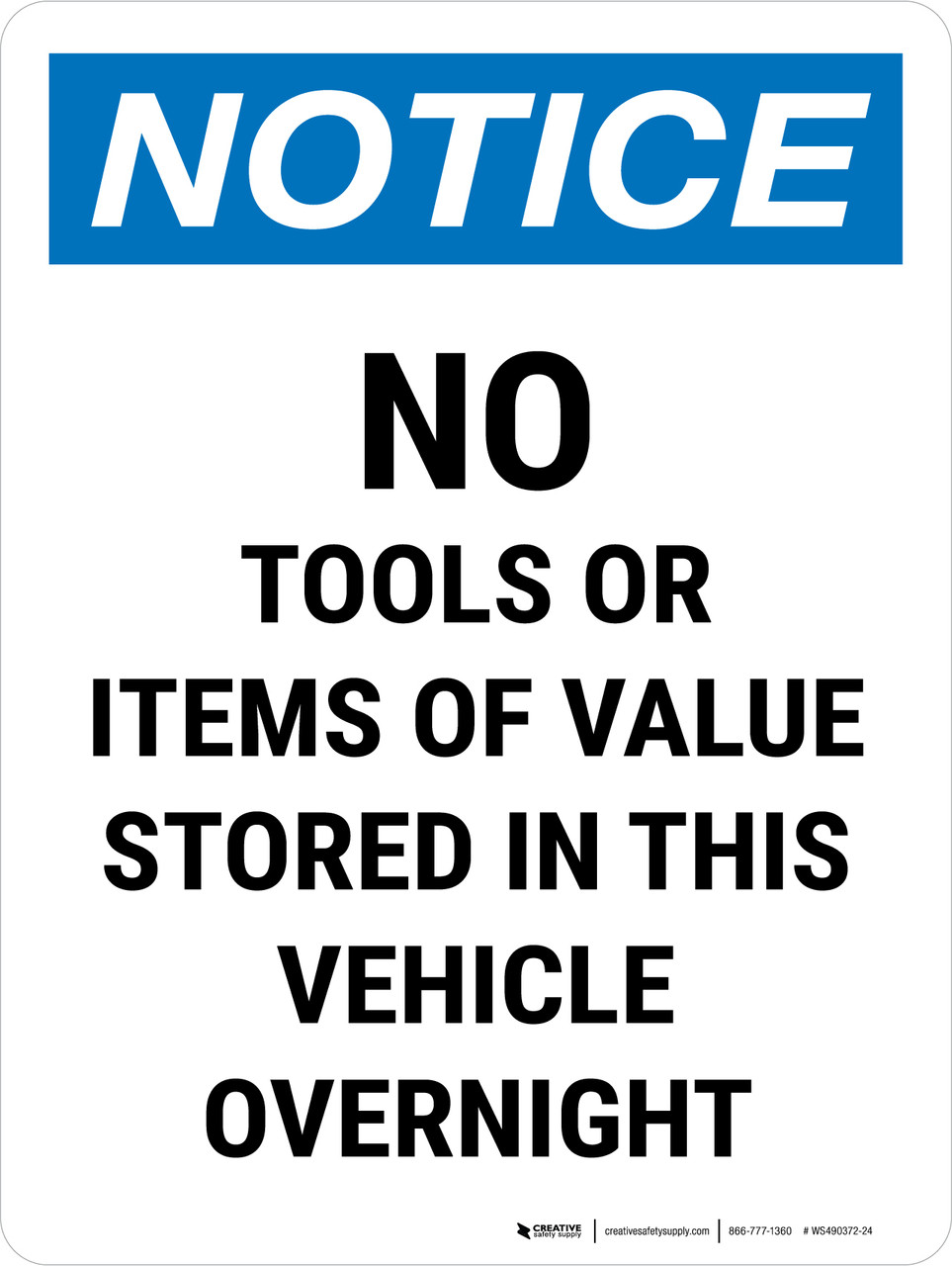 Notice: No Tools Or Items Stored In Portrait - Wall Sign