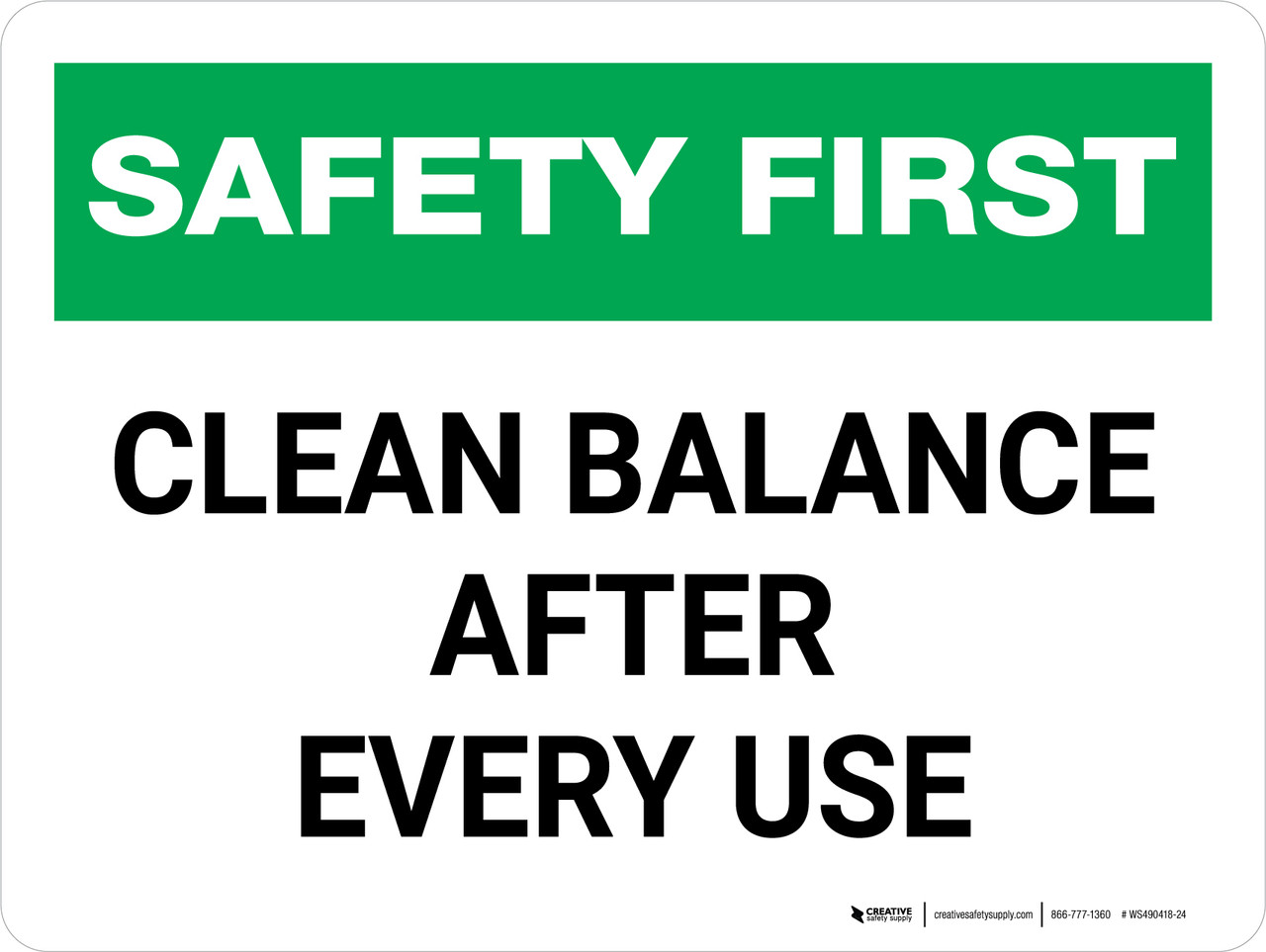 Safety First: Clean Balance After Each Use Landscape - Wall Sign