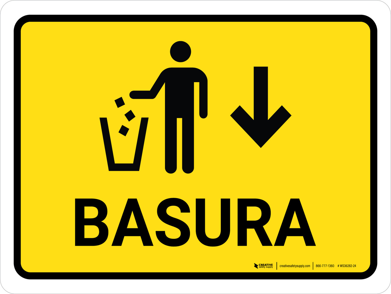 Basura con Flecha Hacia Abajo Amarillo Horizontal - Wall Sign