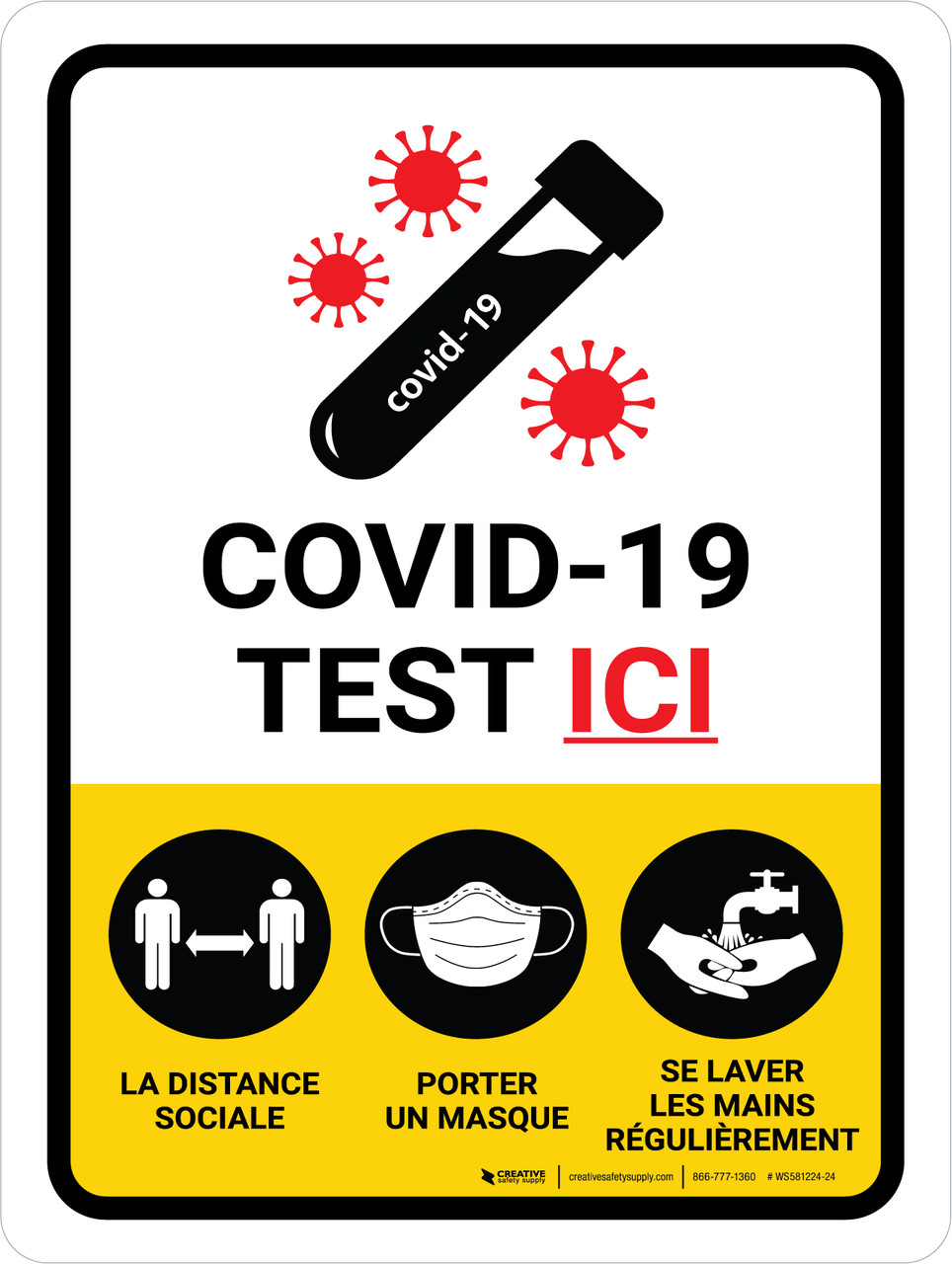Covid-19 Test Ici (Covid-19 Testing Here) Portrait French - Wall Sign