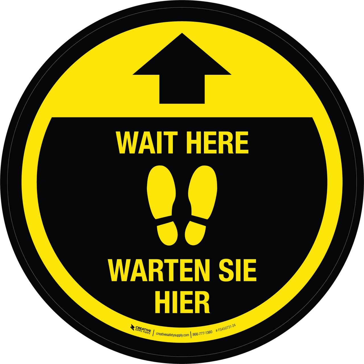 Warten Sie Hier (Wait Here) Bilingual Circular German - Floor Sign