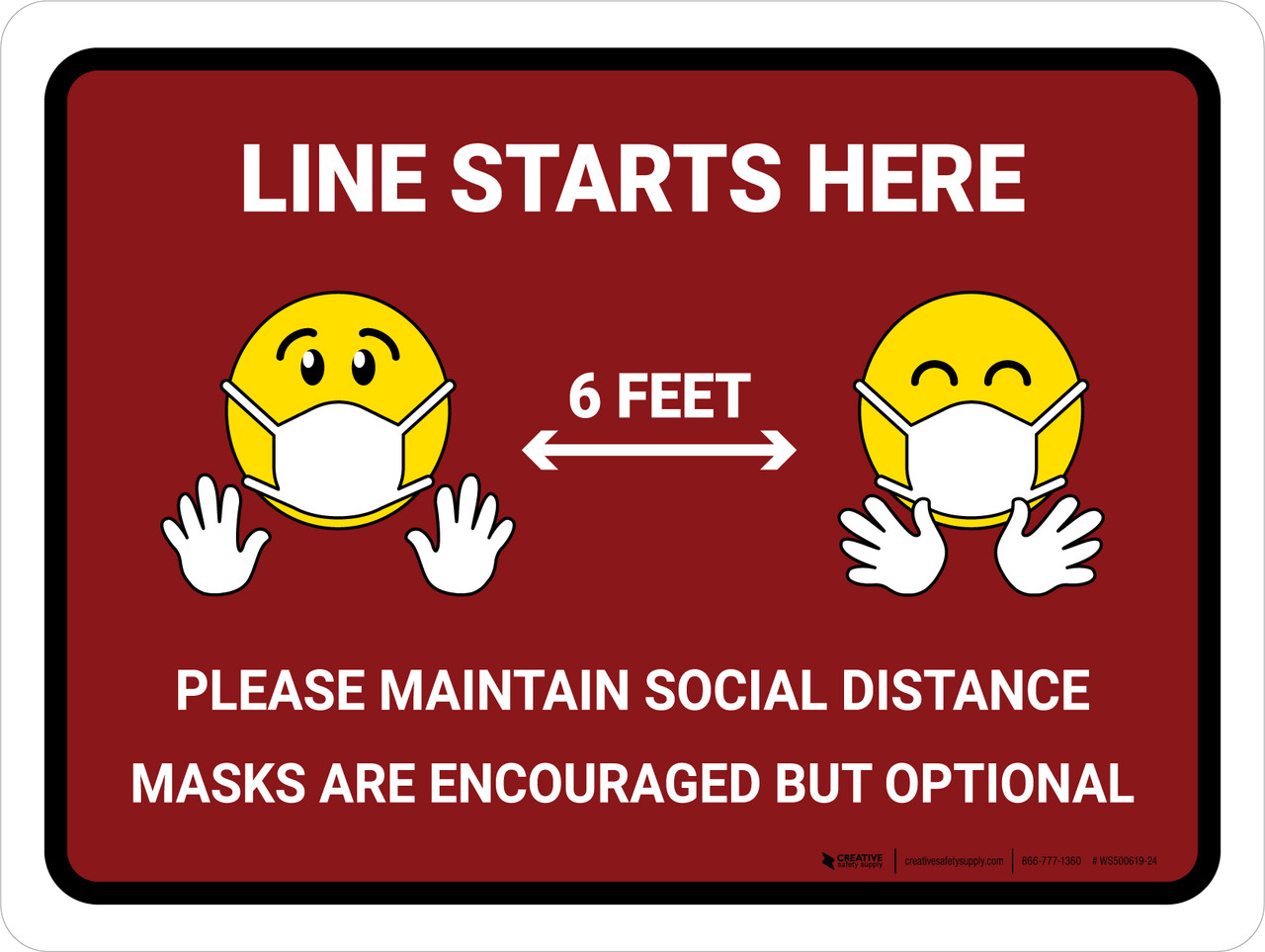 Line Starts Here Social Distancing Red With Emoji Landscape - Wall Sign
