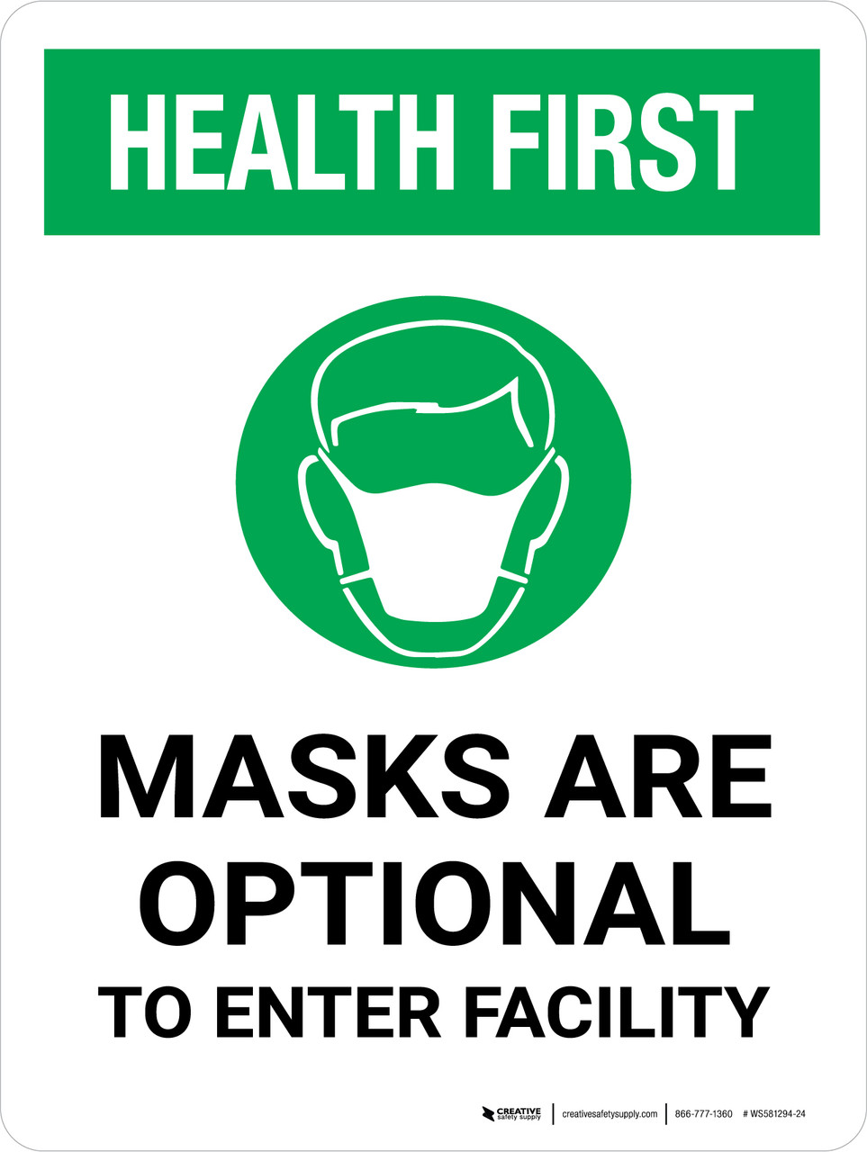 Health First: Masks Optional Enter Facility Portrait - Wall Sign