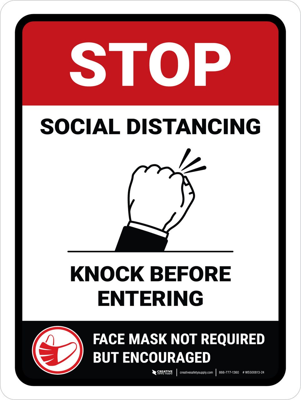 Stop: Knock Before Entering Mask Not Required Portrait - Wall Sign