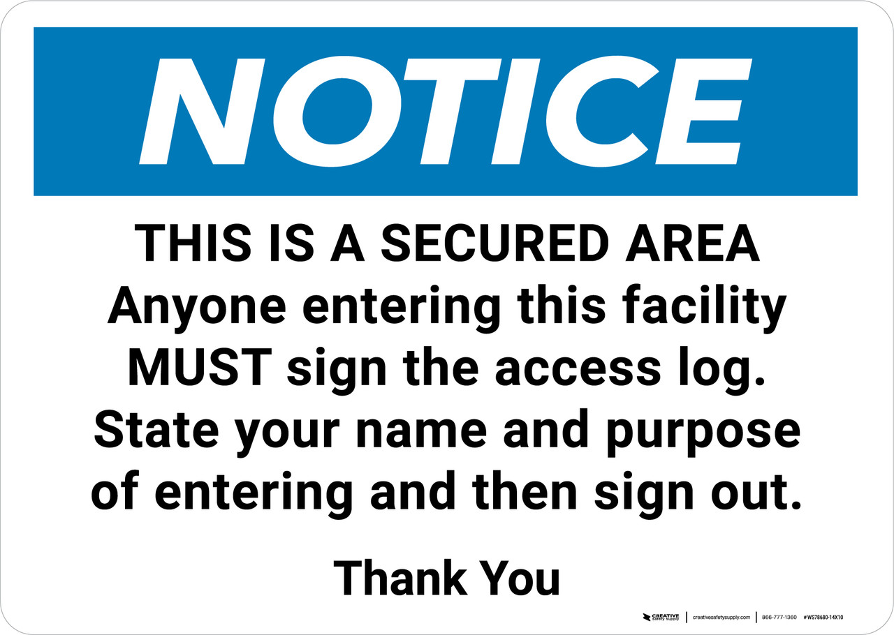 Notice: This is a Secured Area Landscape - Wall Sign