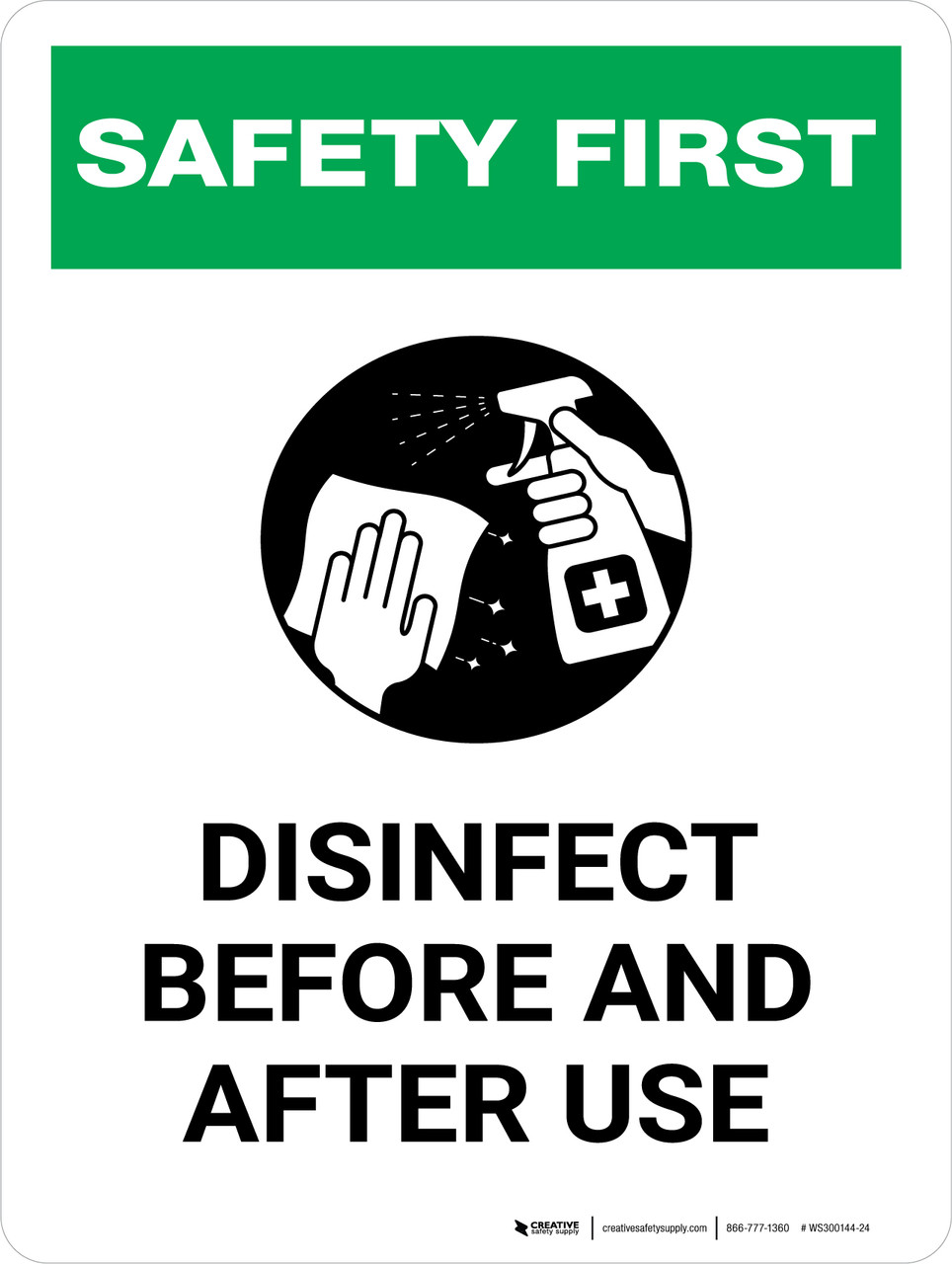 Safety First: Disinfect Before and After Use Portrait - Wall Sign