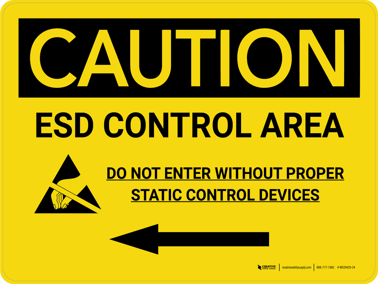 Caution: ESD Control Area Left Arrow Landscape - Wall Sign