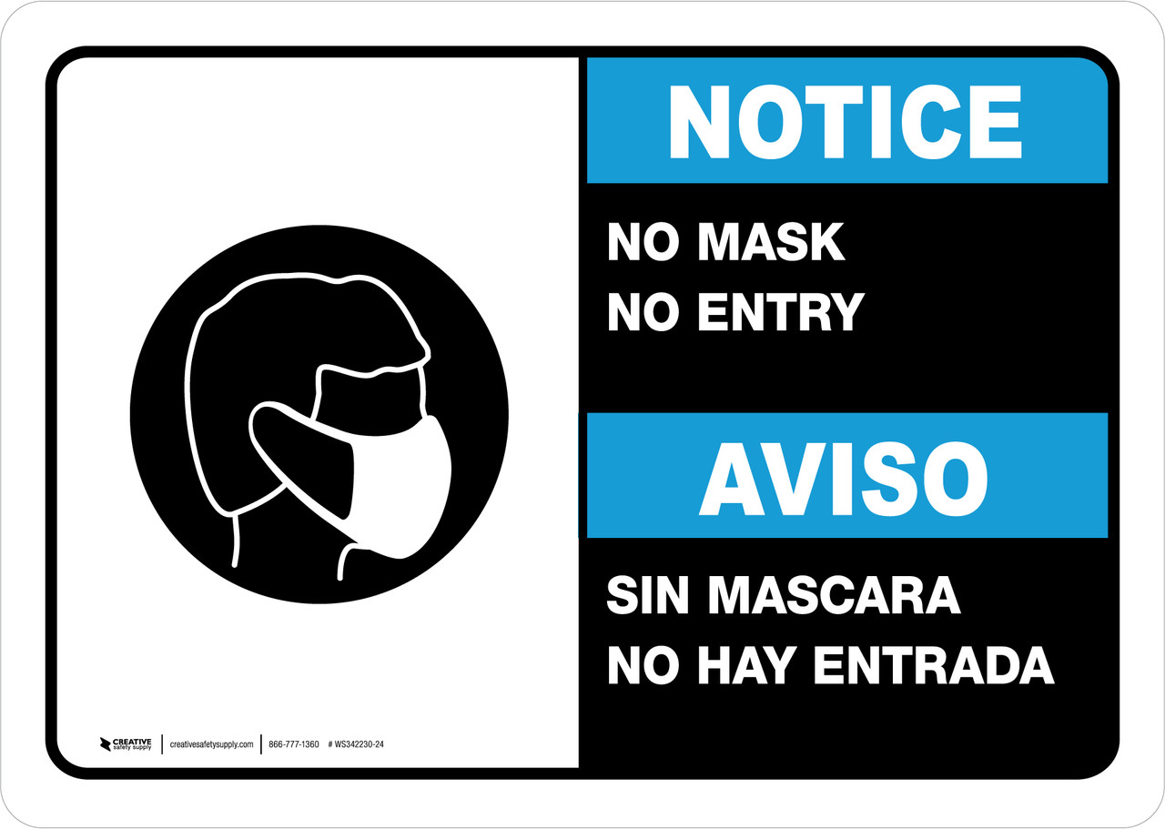 Notice: No Mask No Entry Spanish Bilingual Landscape - Wall Sign ...