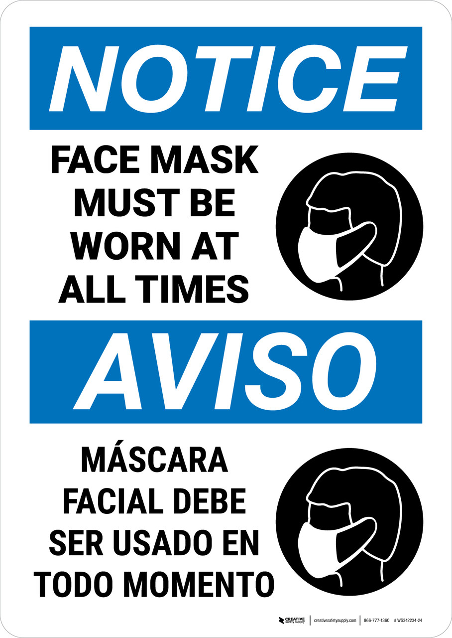 Notice: Face Mask At All Times Spanish Bilingual Portrait - Wall Sign ...