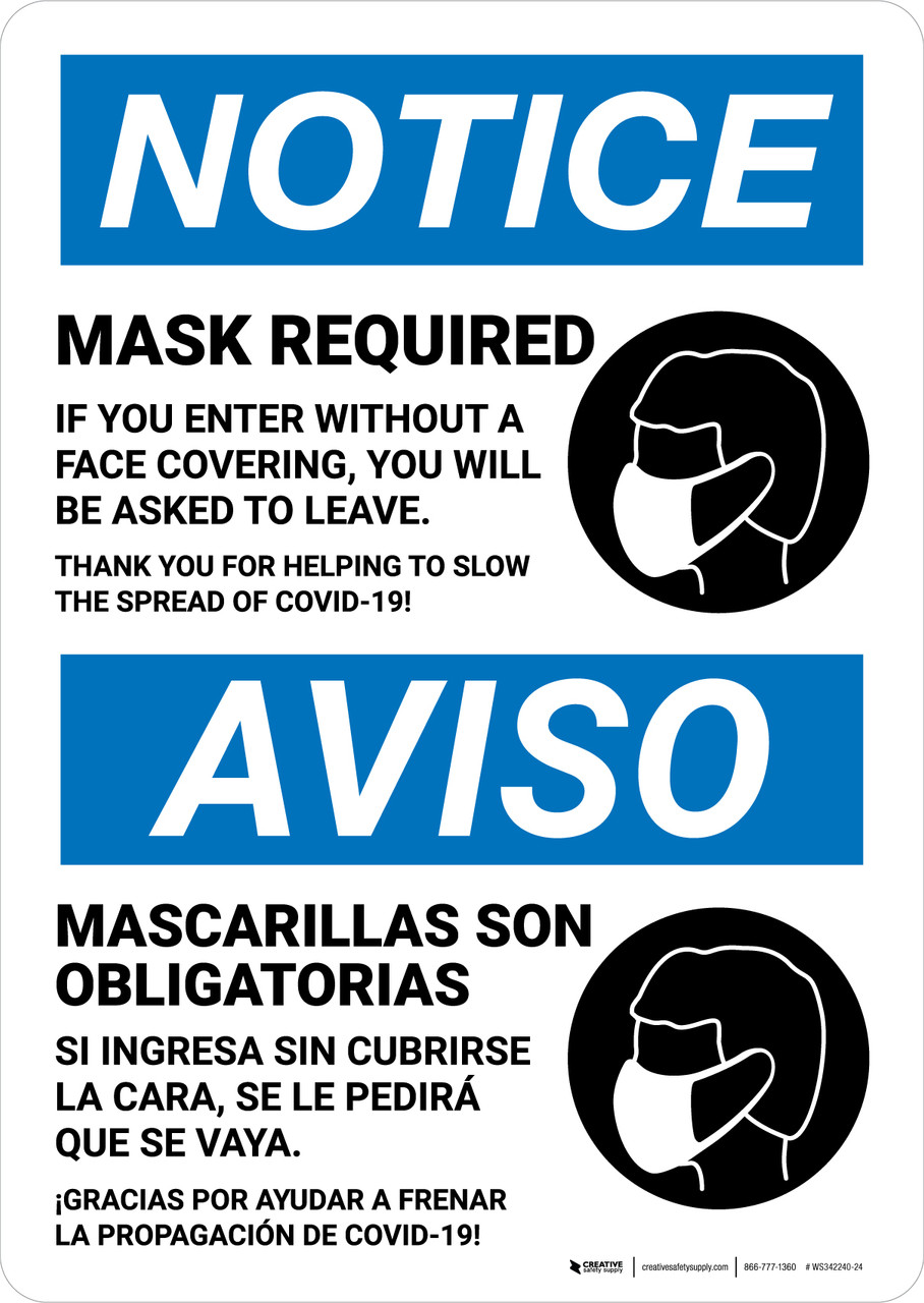 Notice: Mask Required Spanish Bilingual Portrait - Wall Sign