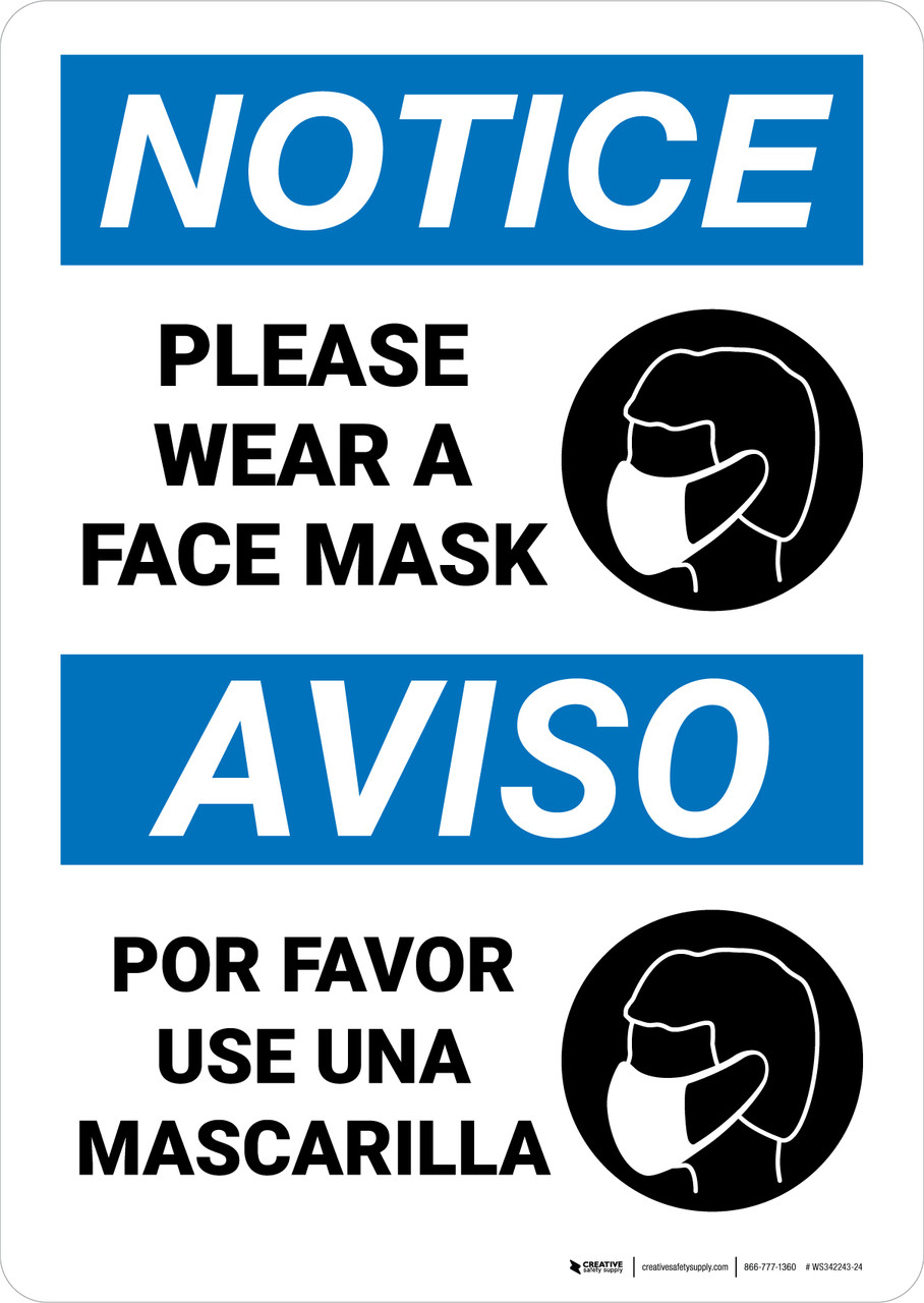 Notice: Please Wear A Face Mask Spanish Bilingual Portrait - Wall Sign