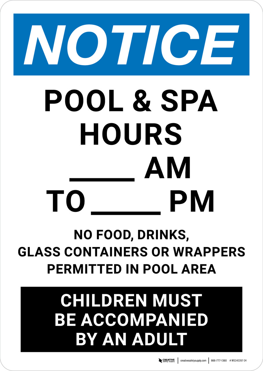 Notice: Pool & Spa Hours _ am to _ pm Portrait - Wall Sign
