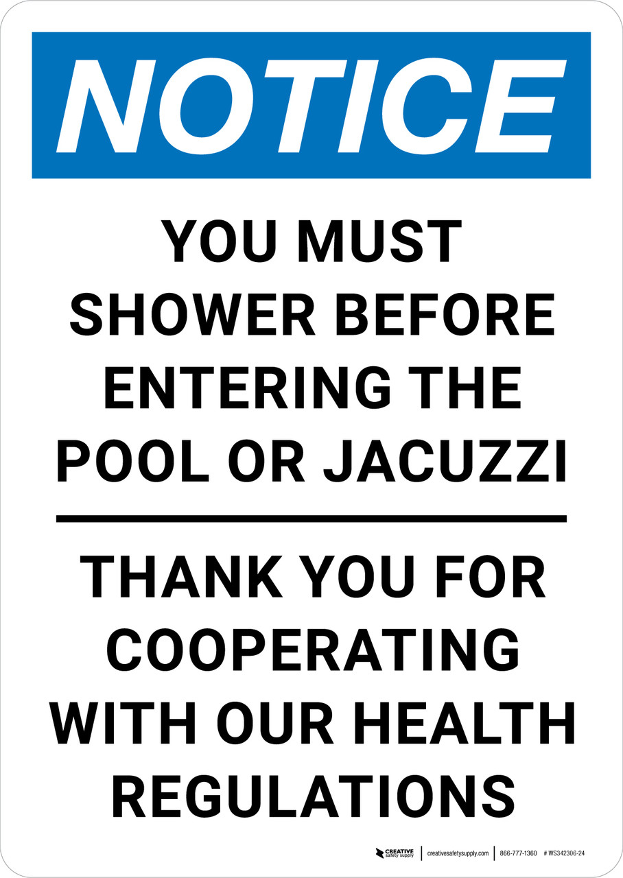 Notice: You Must Shower Before Entering Pool Jacuzzi Portrait - Wall ...