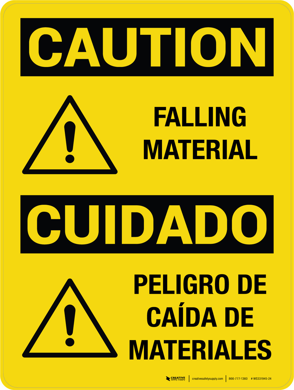Caution: Falling Material with Hazard Icon Bilingual Spanish - Wall ...
