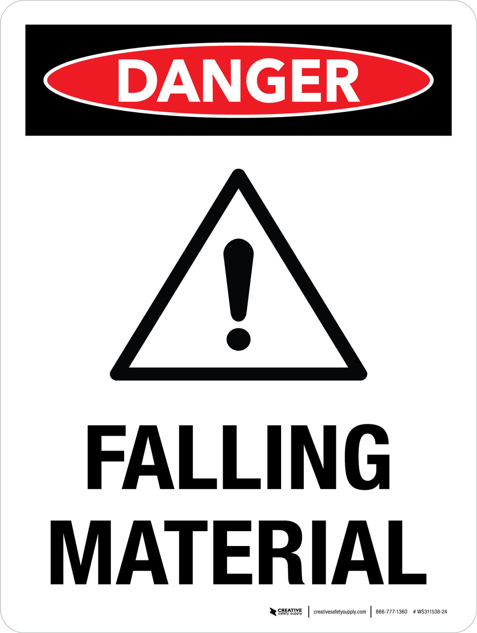 Danger: Falling Material with Hazard Icon Portrait - Wall Sign