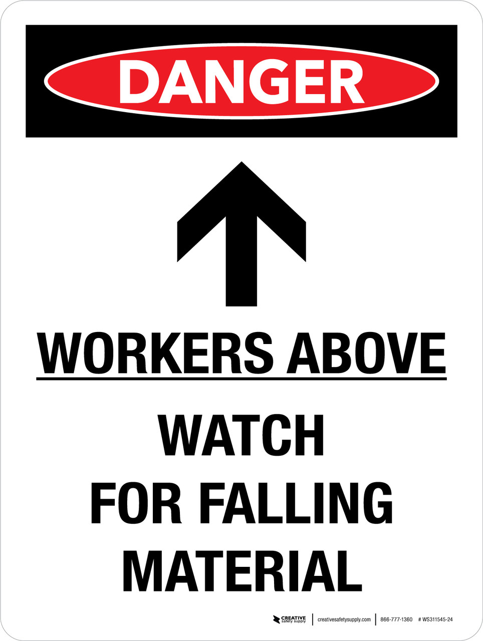 Danger: Workers Above Watch For Falling Material with Arrow Icon ...