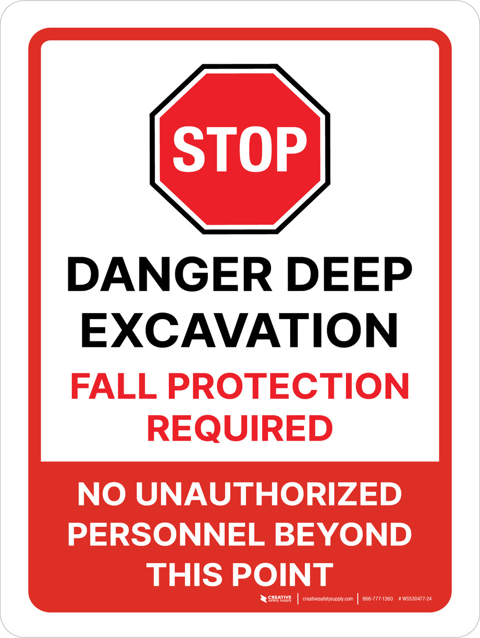 Stop: Danger Deep Excavation - Fall Protection Required Portrait - Wall ...