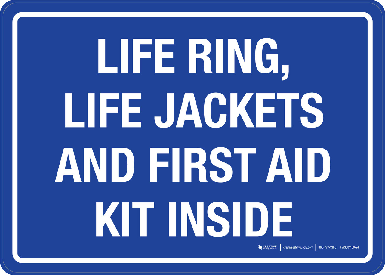 Life Ring Life Jackets And First Aid Kit Inside Blue Landscape - Wall Sign