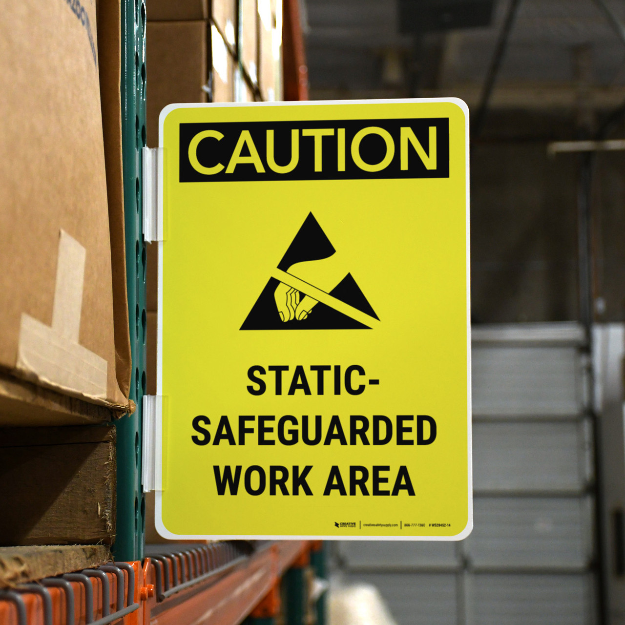 Caution: Static-Safeguarded Work Area with Icon Portrait - Double-Sided ...