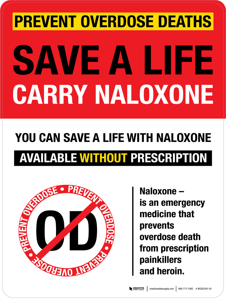 Save A Life Carry Naloxone Prevent Overdose Deaths Portrait - Wall Sign