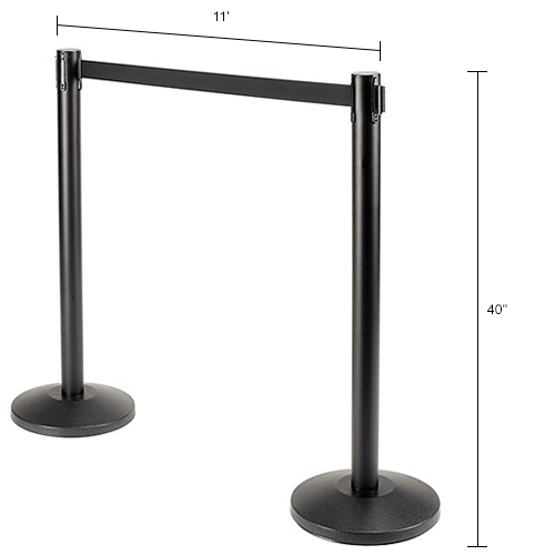 Retractable Belt Barrier, 40" Black Post, 11' Black Belt - Pkg Qty 2