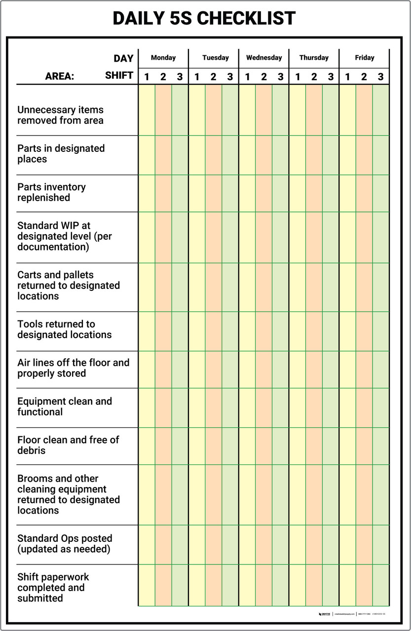 Daily 5S Checklist Portrait Whiteboard