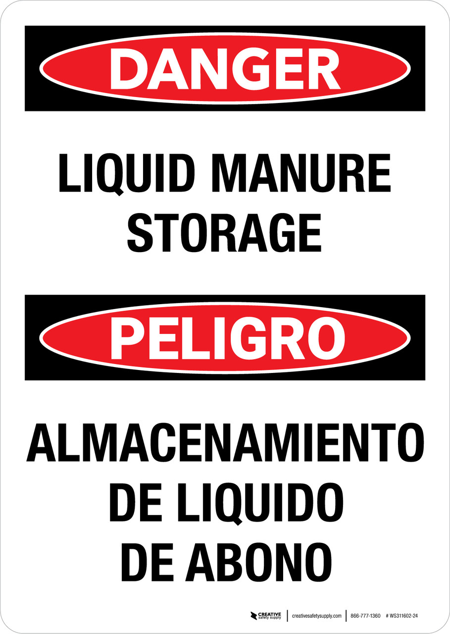Danger: Liquid Manure Storage Bilingual Spanish Portrait - Wall Sign ...