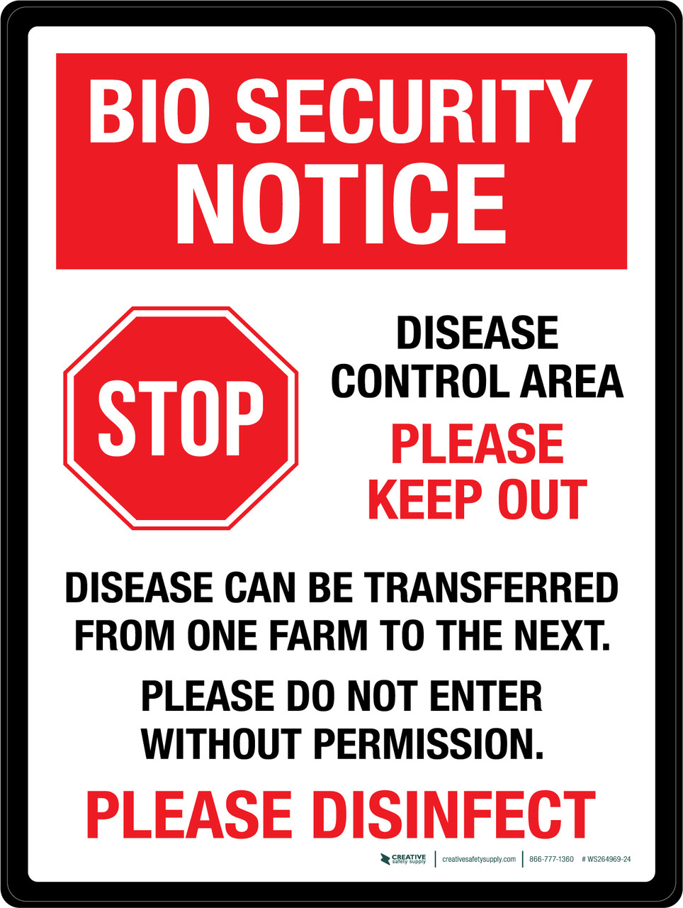 Bio Security Notice: Disease Control Area Please Keep Out Portrait ...