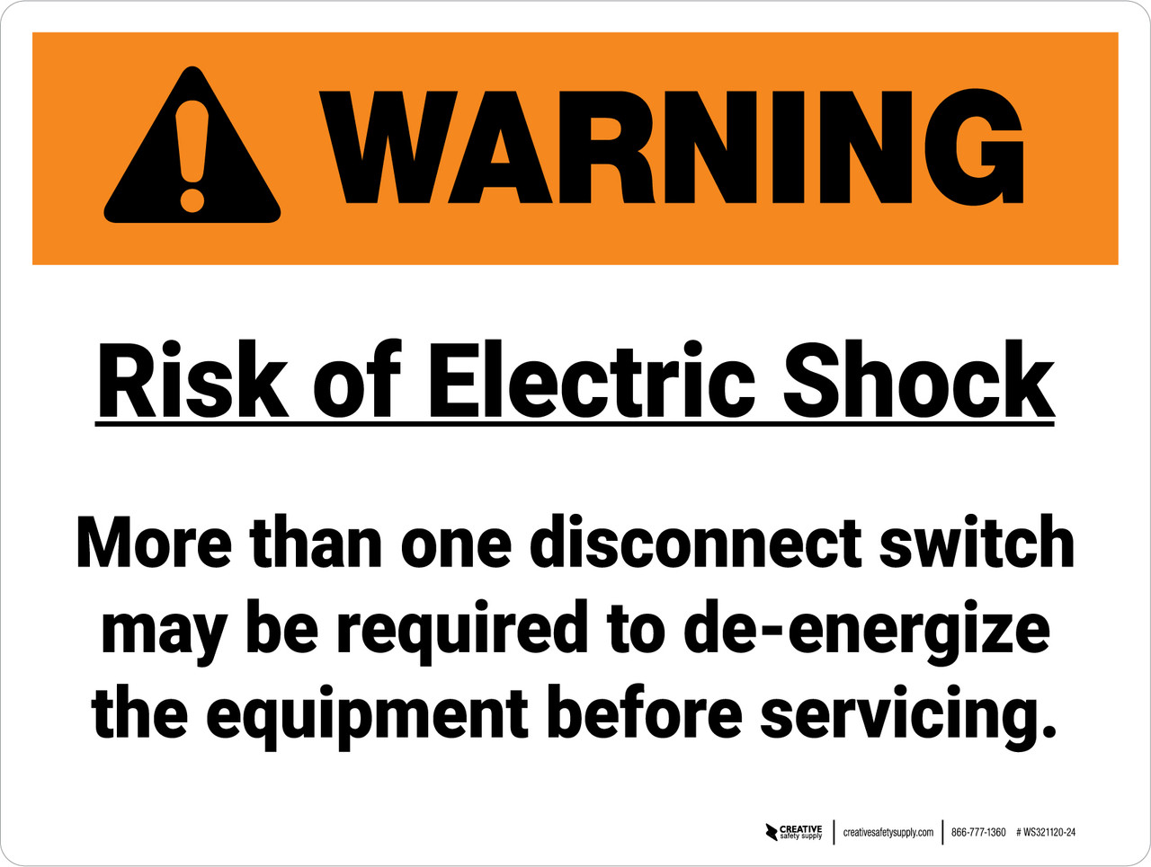 Warning: Risk of Electric Shock (De-energize) Landscape - Wall Sign ...