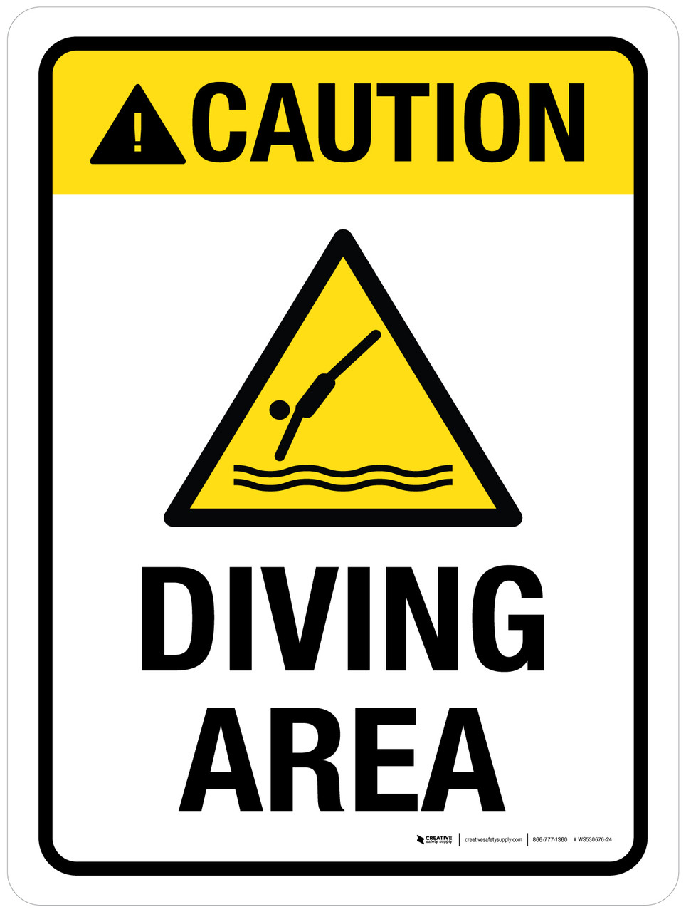 Caution: Diving Area with Hazard Icon ANSI Portrait - Wall Sign