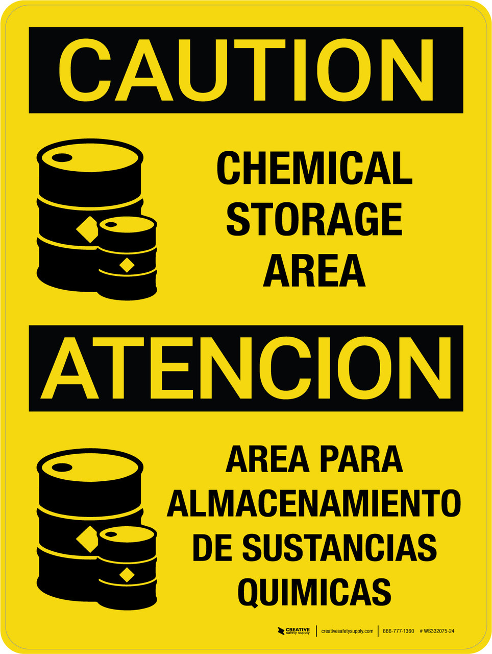 Caution: Chemical Storage Area Bilingual with Icon Portrait - Wall Sign