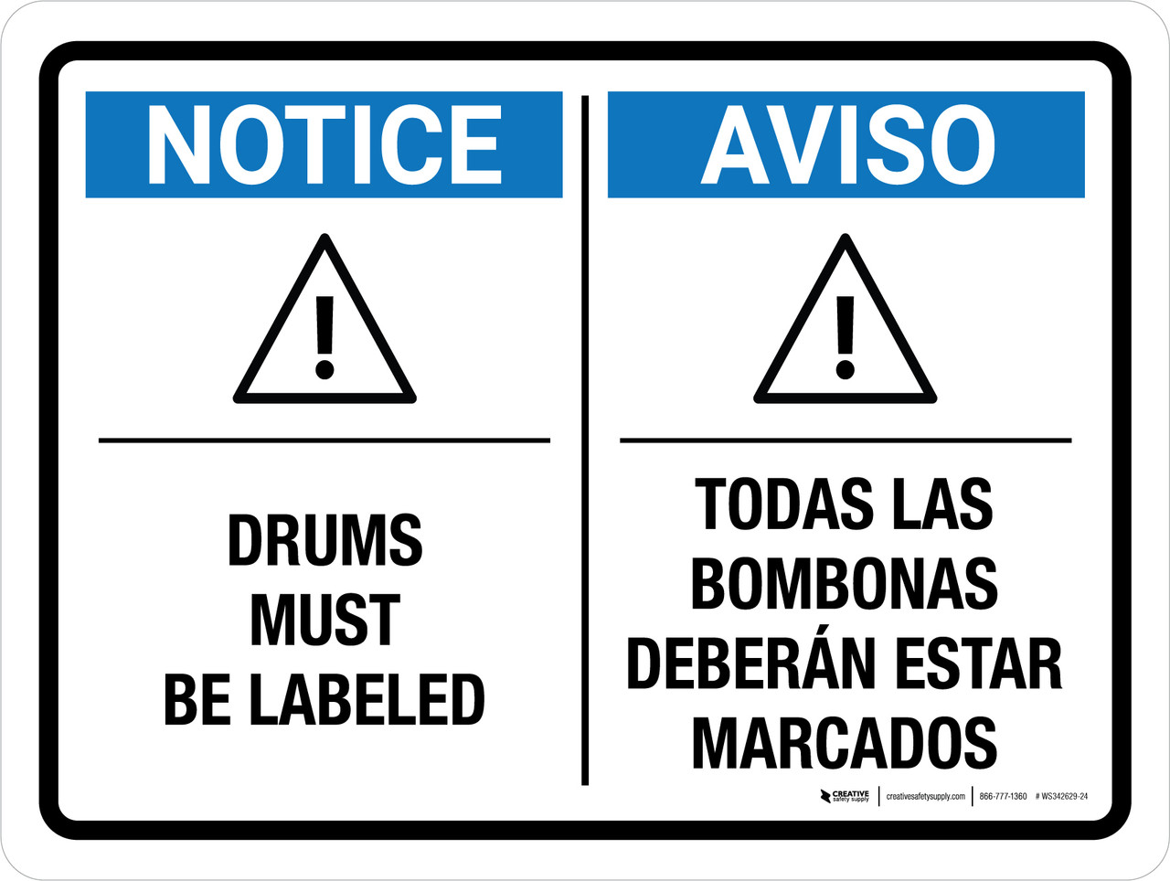 Notice: Drums Must Be Labeled Bilingual with Icon Landscape - Wall Sign ...