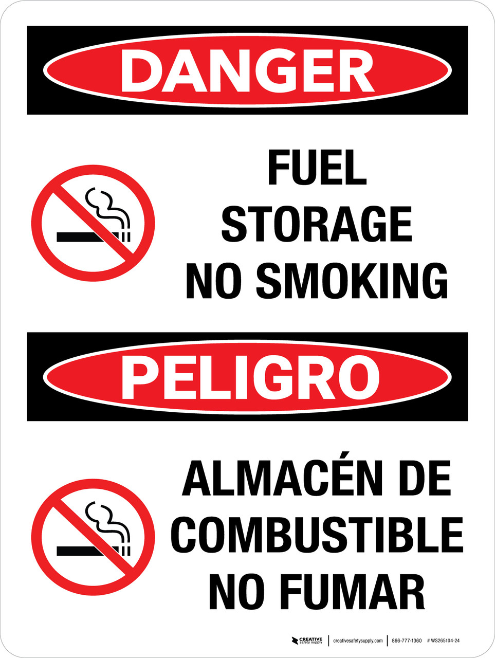 Danger: Fuel Storage No Smoking - Bilingual Portrait - Wall Sign