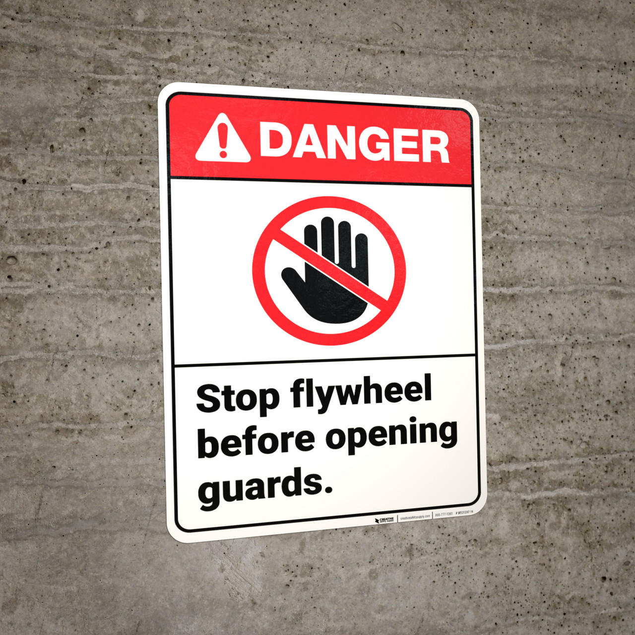 Danger: Stop Flywheel Before Opening Guards With Icon ANSI - Wall Sign