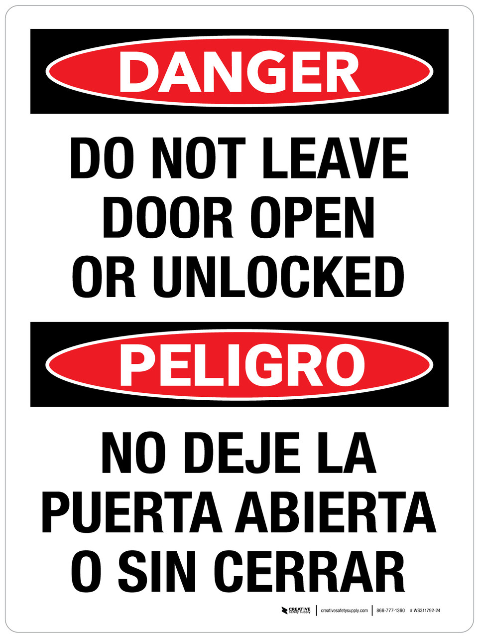 Danger: Do Not Leave Door Open Or Unlocked Bilingual Portrait - Wall Sign