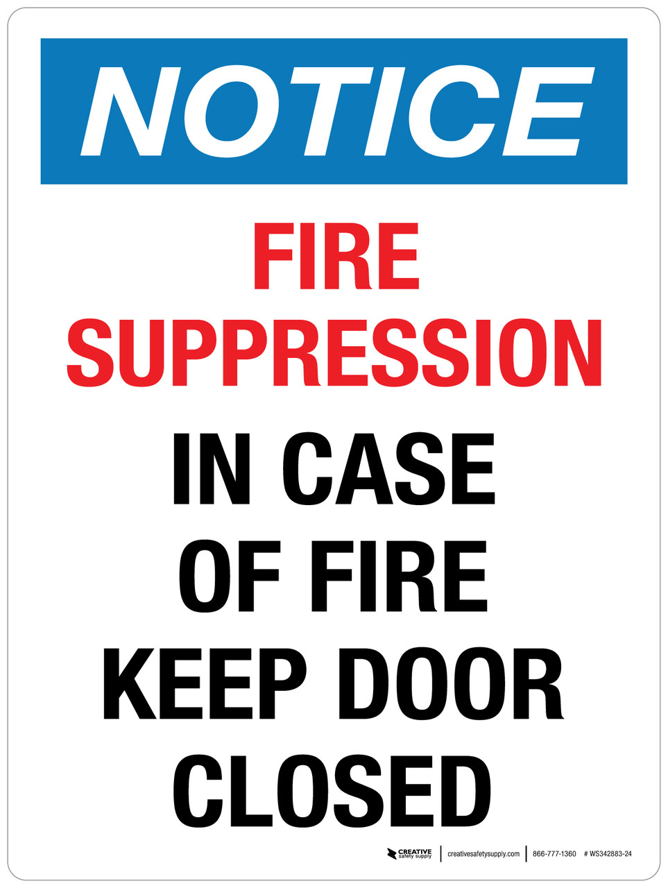 Notice: Fire Suppression - In Case Of Fire Keep Door Closed Portrait ...
