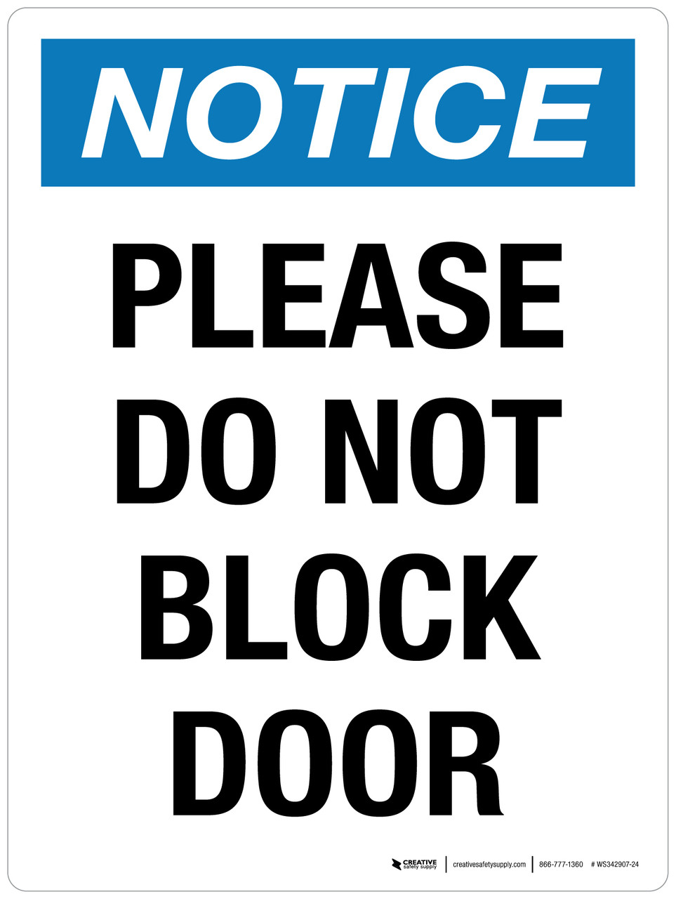 Notice: Please Do Not Block Door Portrait - Wall Sign