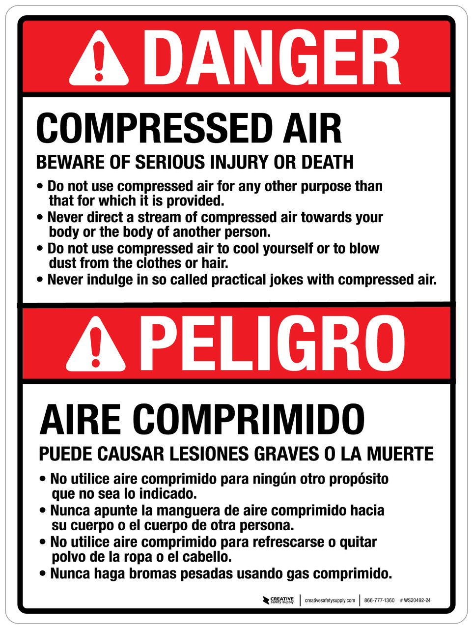 Danger: Compressed Air Beware Of Serious Injury Or Death Bilingual ANSI ...