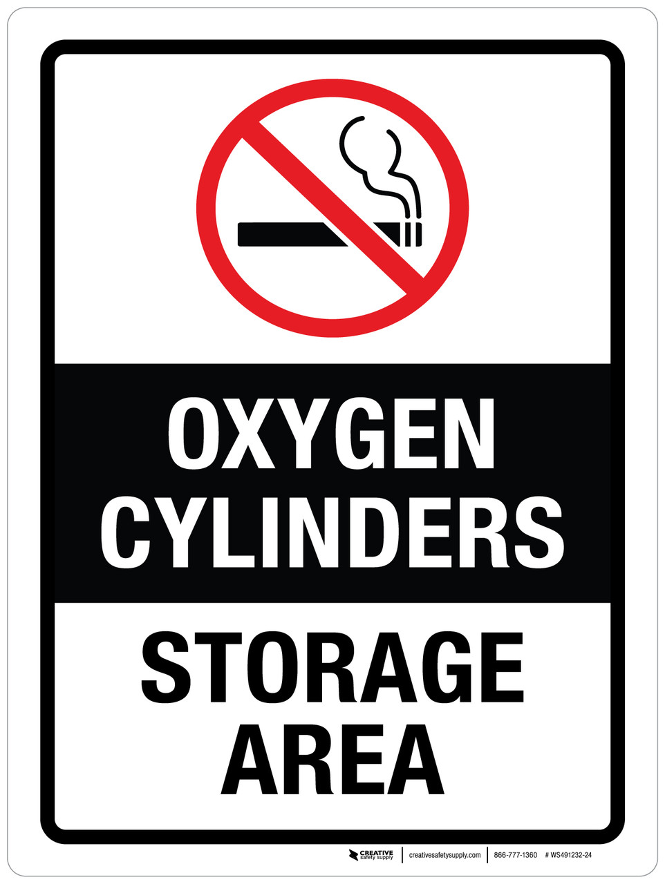 Oxygen Cylinders Storage Area with No Smoking Icon Portrait - Wall Sign
