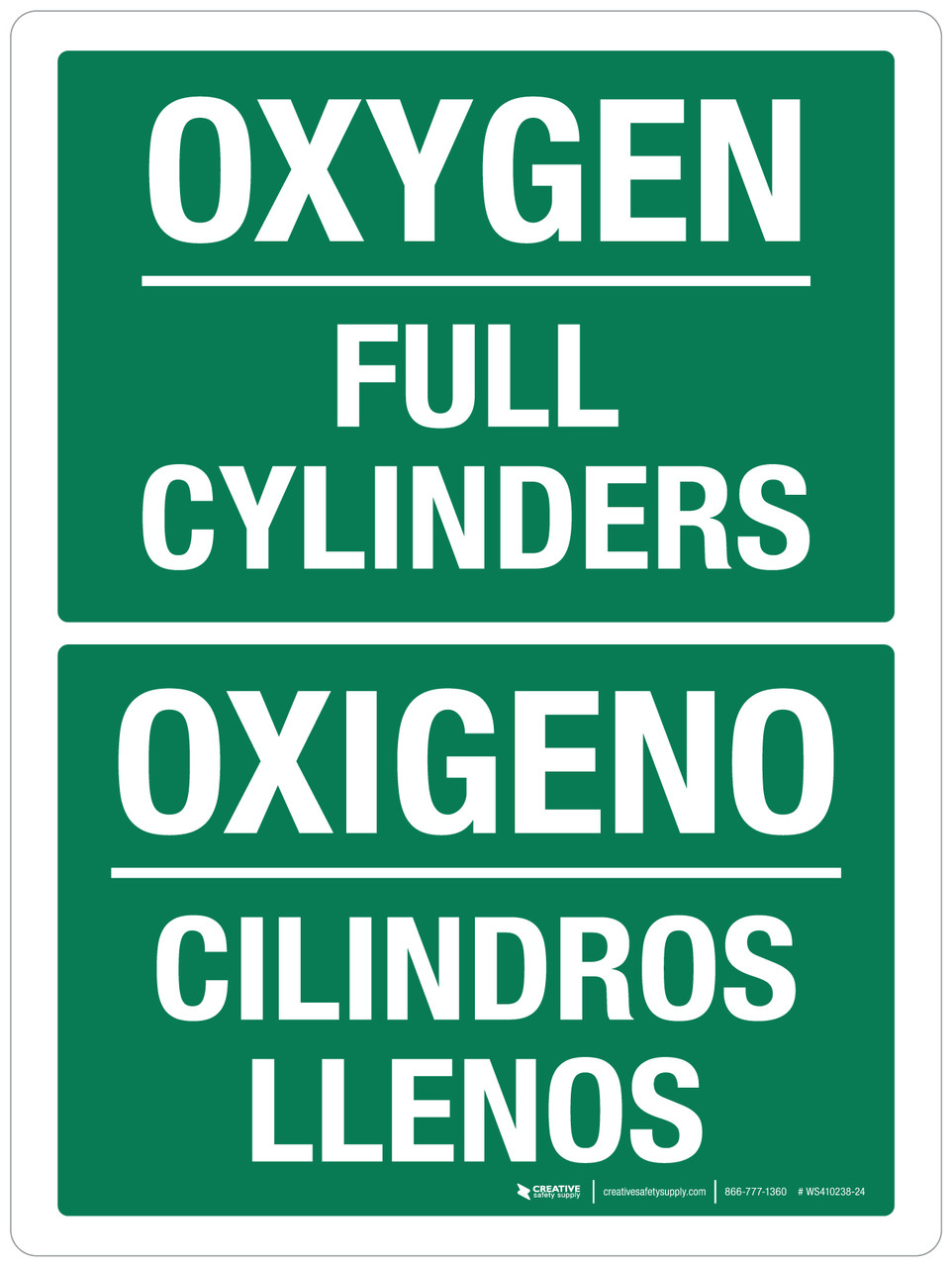 Oxygen Full Cylinders Bilingual Portrait - Wall Sign