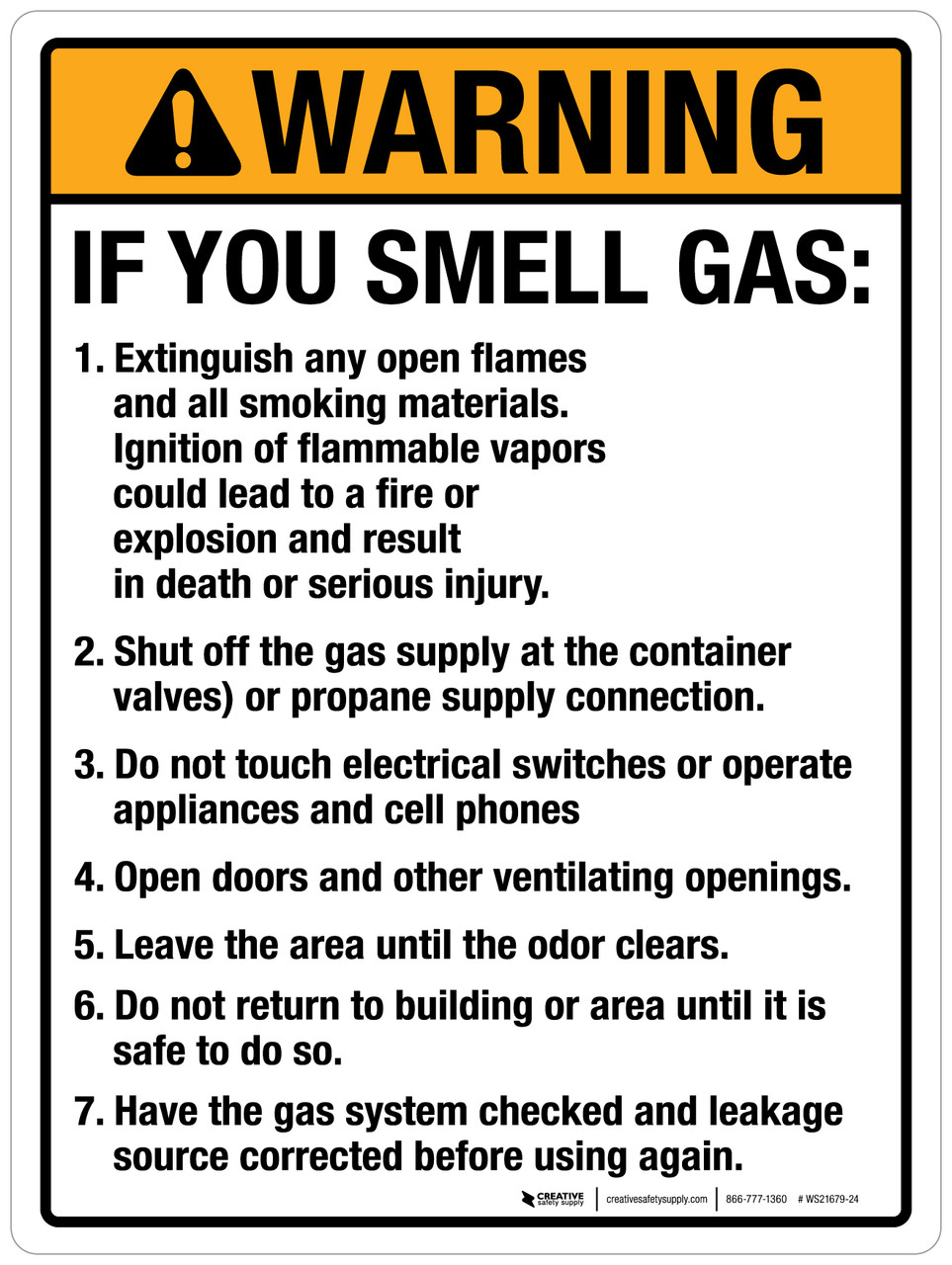 Warning: If You Smell Gas ANSI Portrait - Wall Sign