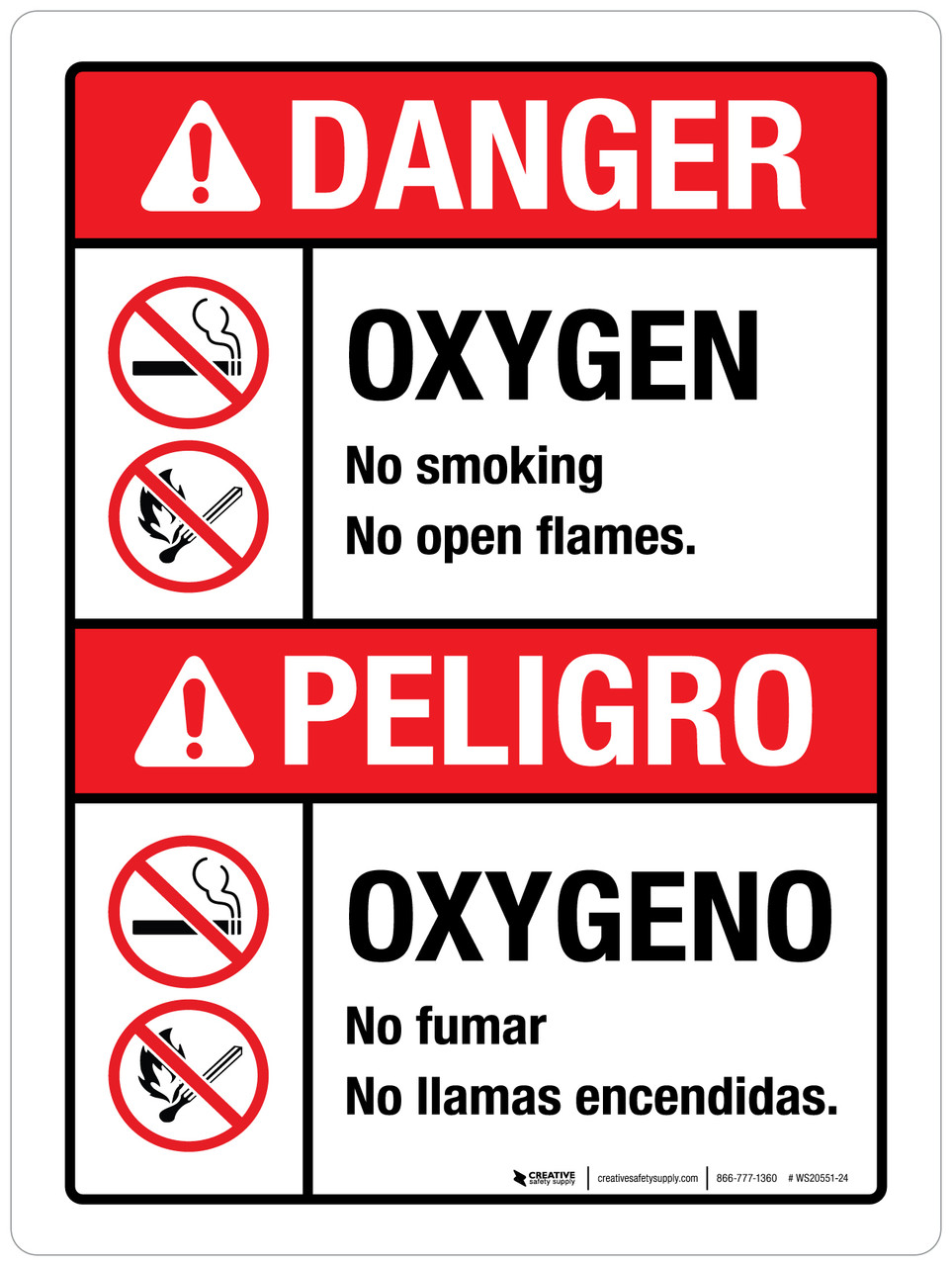 Danger: Oxygen No Smoking No Open Flames Bilingual ANSI Portrait - Wall ...