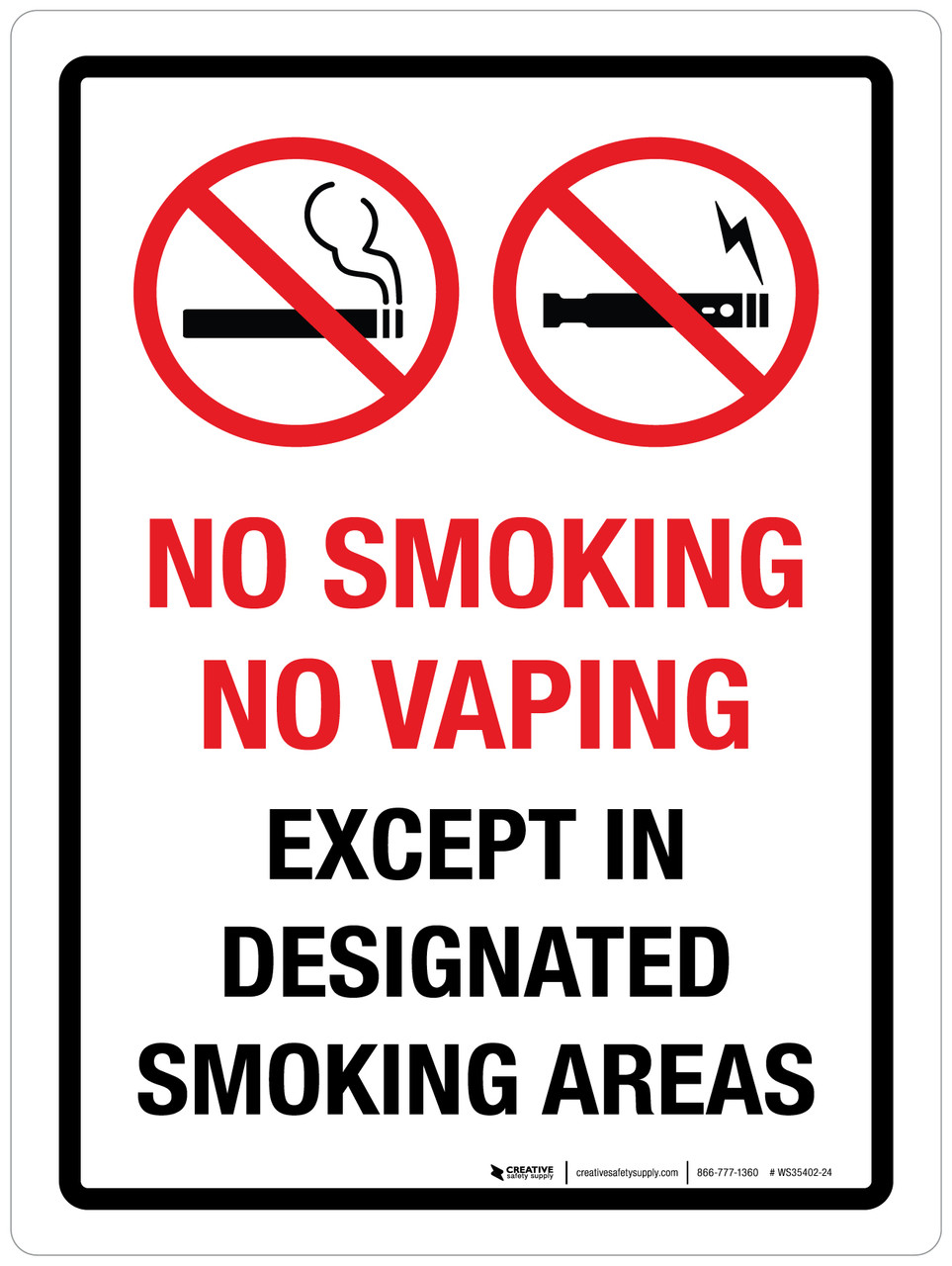 No Smoking No Vaping Except in Smoking Designated Areas Portrait - Wall ...